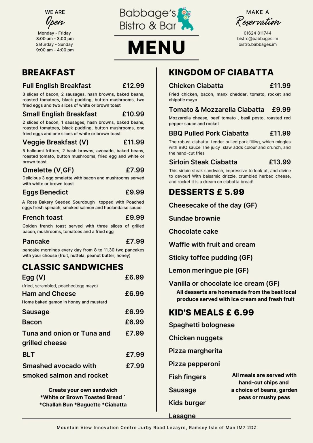Menu – Babbage's Bistro